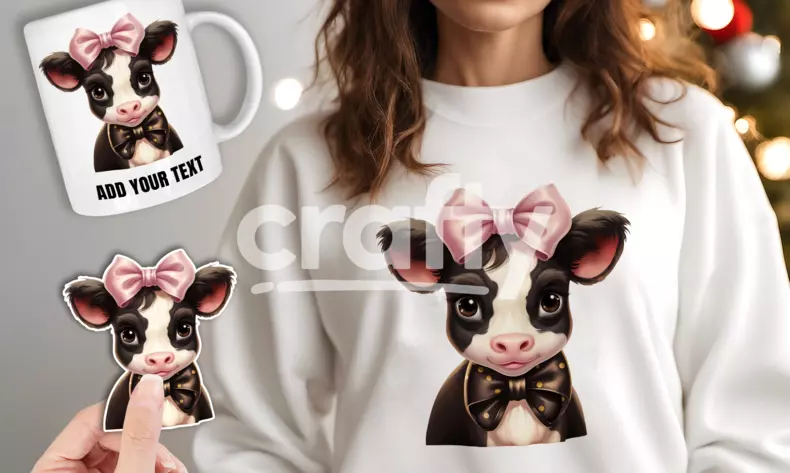 Baby Heifer Sublimation | Cute Little Cow with Pink Bow Sticker | Crafty