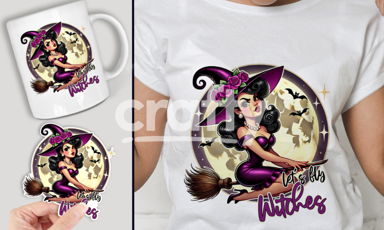 Let's Fly Witches Halloween Sublimation | Retro Pinup Witch Sticker ...