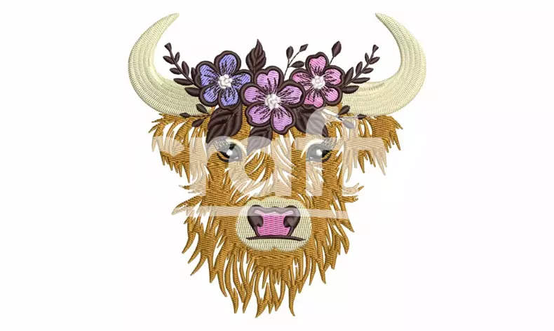 Highland Cow With Flowers | Animal Embroidery Design | Crafty