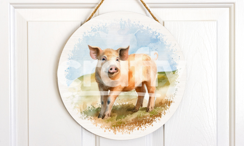 Watercolour Pig Sublimation Design | Farm Animal Round Sign | Crafty